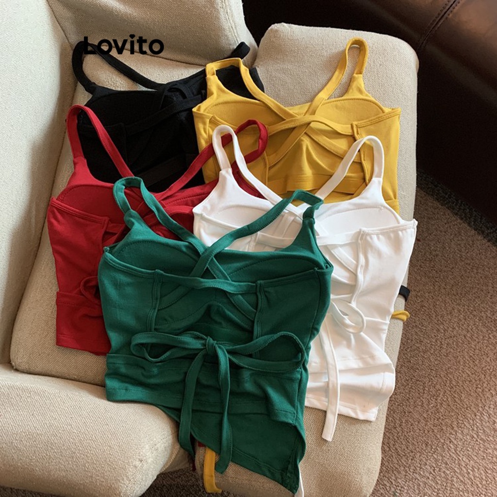 Lovito Women Casual Plain Asymmetrical Criss Cross Tank Top L65ed046