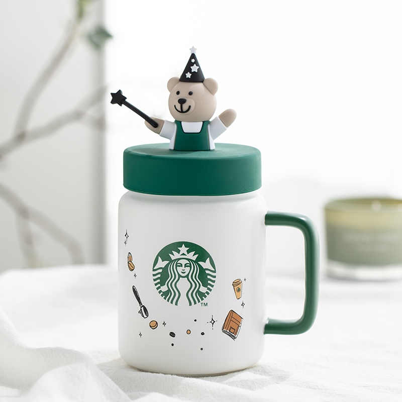 Starbucks Cup Magician Mason Bear Ceramic Cup Large Capacity with Lid ...