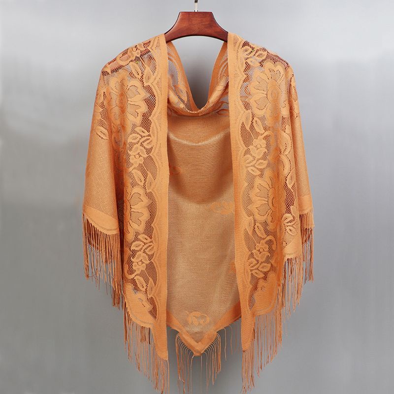 Elegant Lace Triangle Scarf for Women, Hollow Out Sheer Shawl Tassel ...