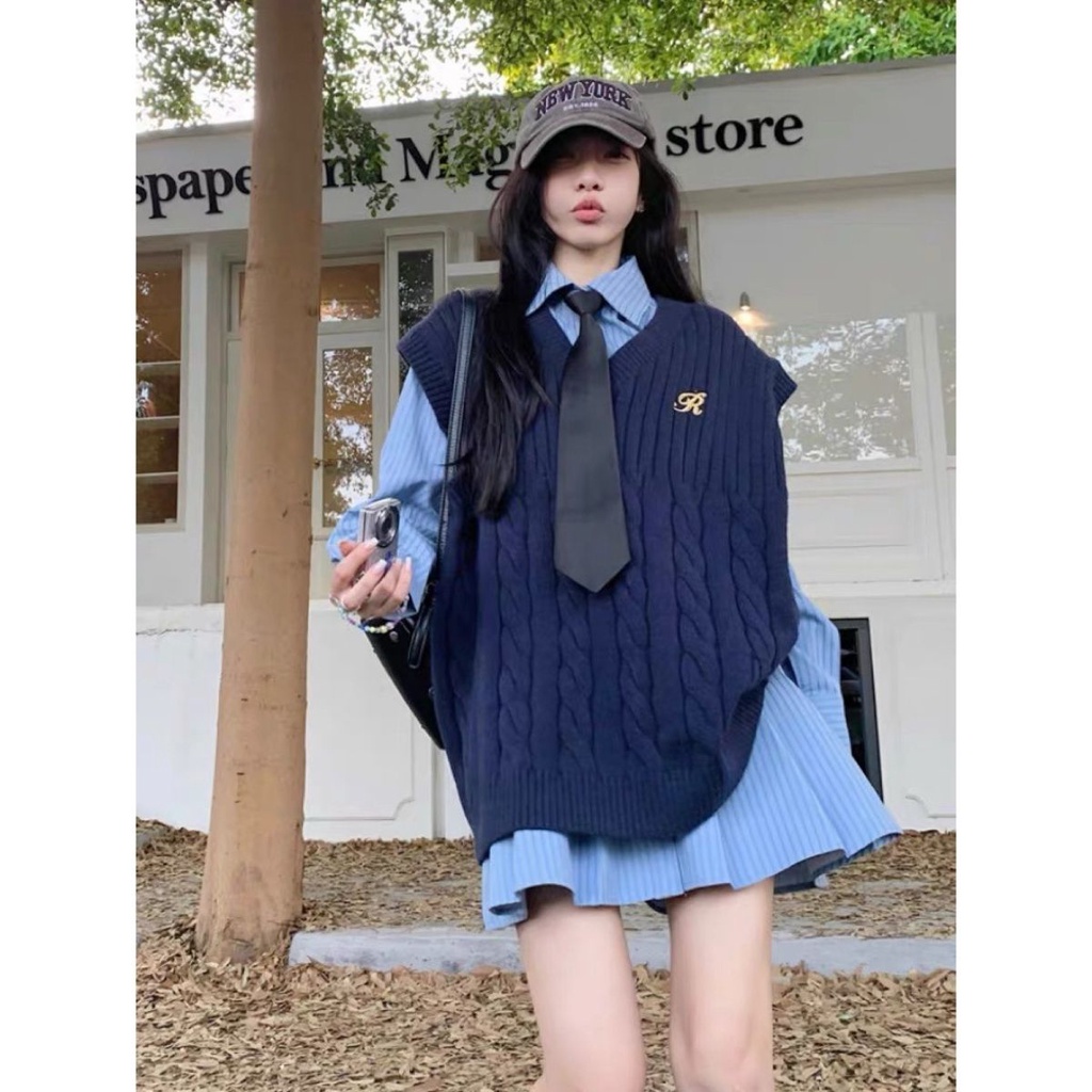 Preppy Style Women's Knitted Vest + Long Sleeve Striped Shirt Skirt Two ...