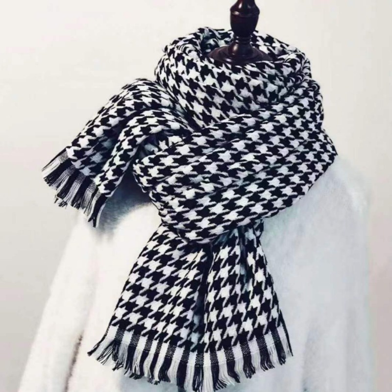 Black and white thousand bird plaid scarf for women's winter warmth ...