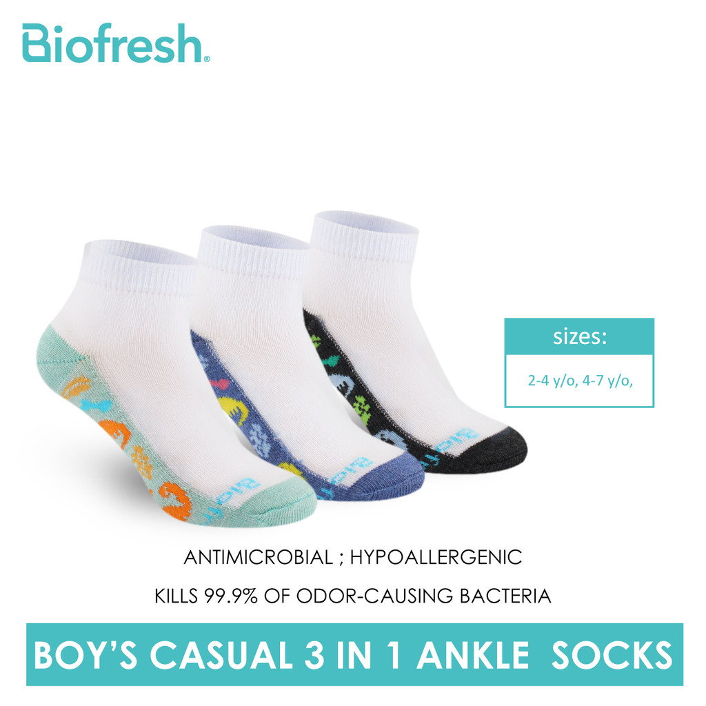 Biofresh Boys’ Antimicrobial Cotton Lite Thin Casual Ankle Socks 3 ...