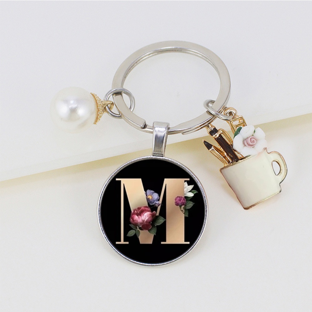 Fashion 26 Letter Keychains Imitation Pearl Rose Round Initials ...