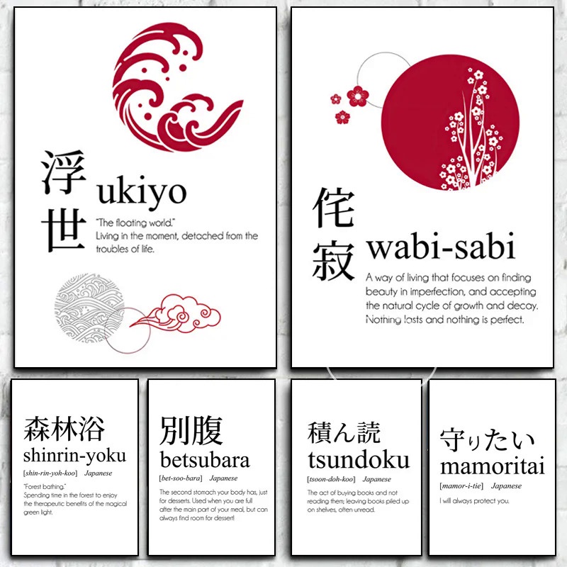 Japanese Calligraphy Poster Ukiyo Ikigai Wabi-Sabi Wall Art Canvas ...