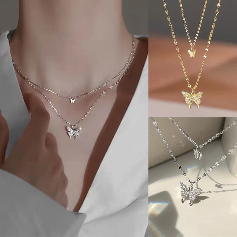 Korean Diamond Butterfly Pendant Necklace for Women Double Gold Silver ...