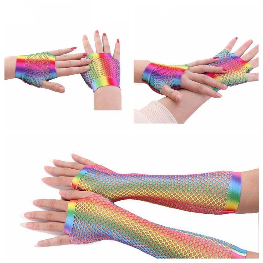 Women Fashion Fishing Net Gloves Sexy Arm Sleeves Rainbow Color Gloves ...
