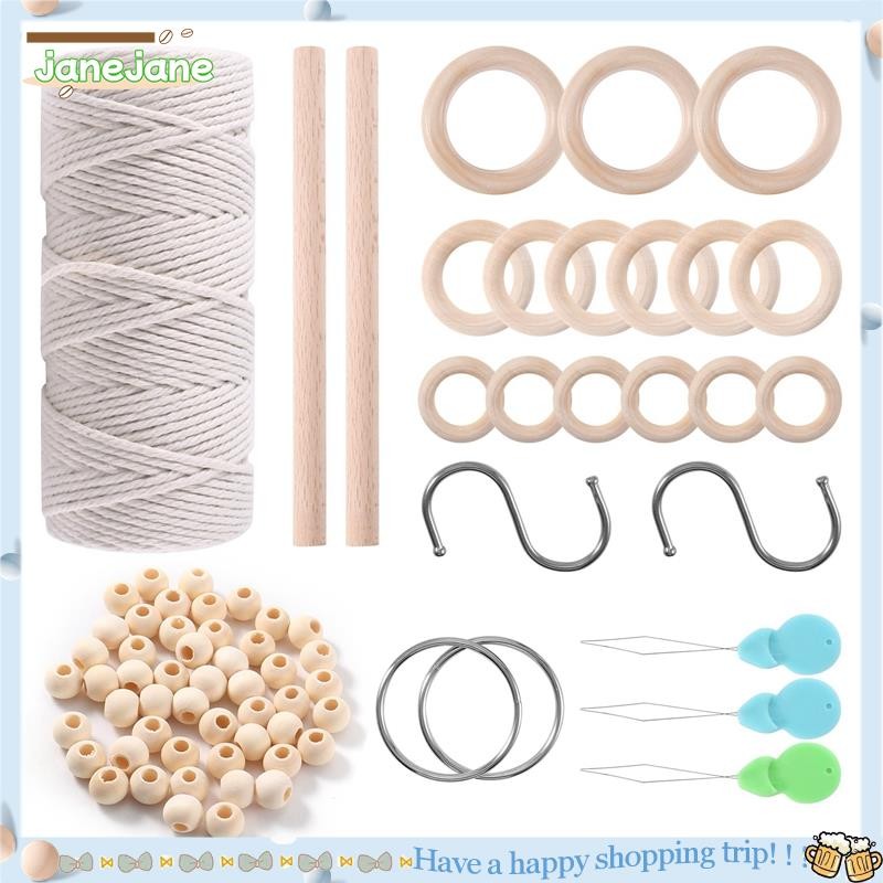 【janejane】Macrame Cotton Cord 3mm with Macrame Beads Wooden Rope Wooden ...