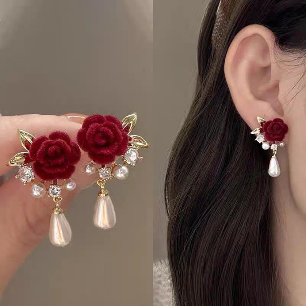 YOUJ Women Red Velvet Rose Flower Earrings Vintage Pearl Bridal Ear ...
