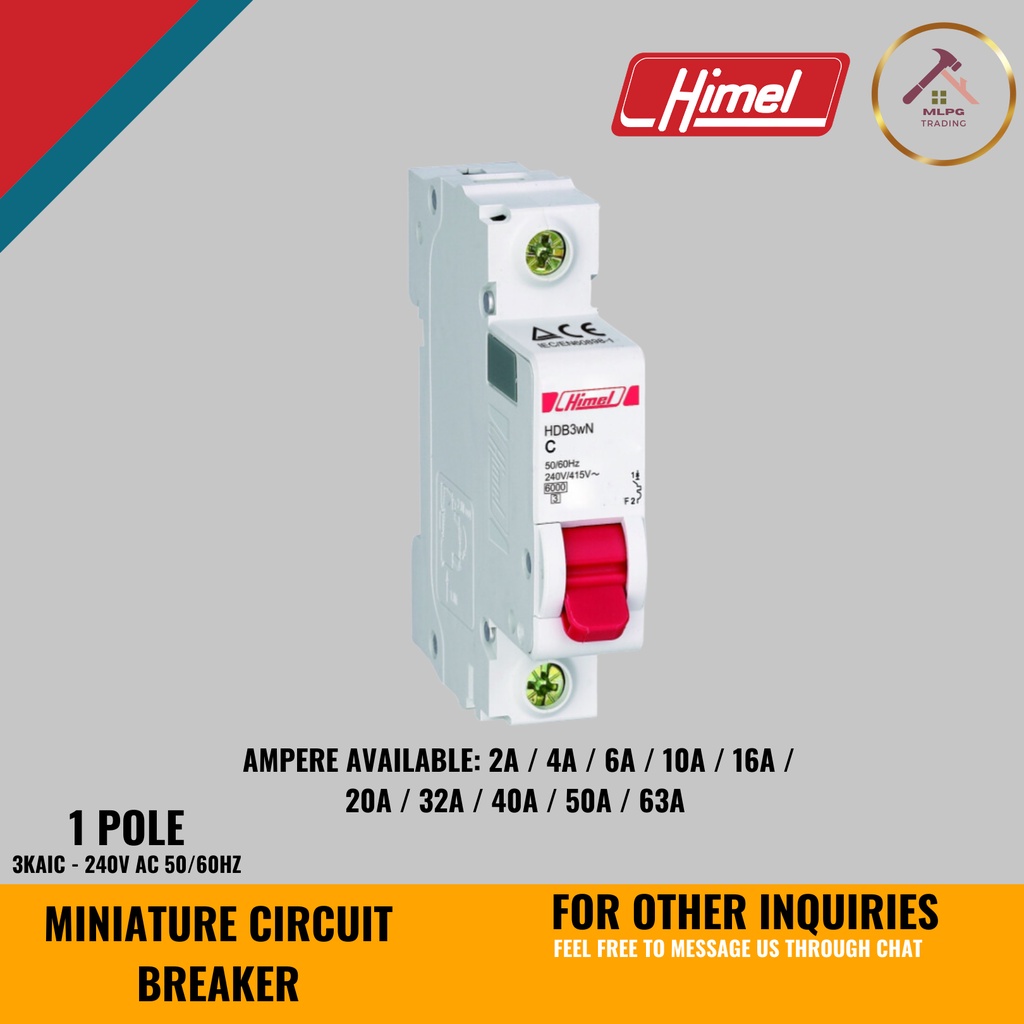 Himel Miniature Circuit Breaker (MCB) 2A, 4A, 6A, 10A, 16A, 20A, 32A, 40A, 50A, 63A 1 POLE/2 ...