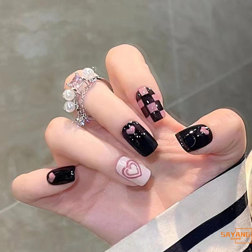 Short Glossy Square Fake Nails Color Clash Nail Art Pink Heart Plastic ...