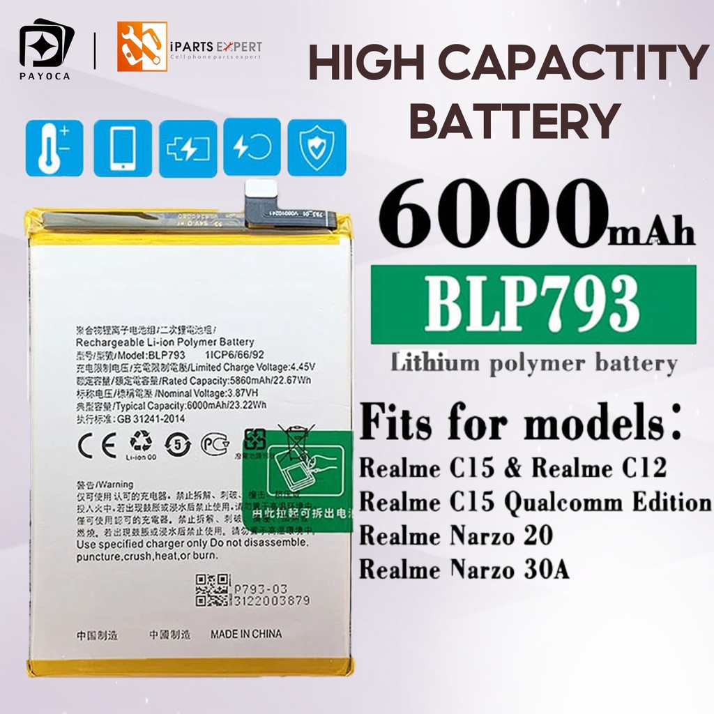 Replacement 6000mAh BLP793 Battery For Oppo Realme C11 C12 C15 C25 C25s ...