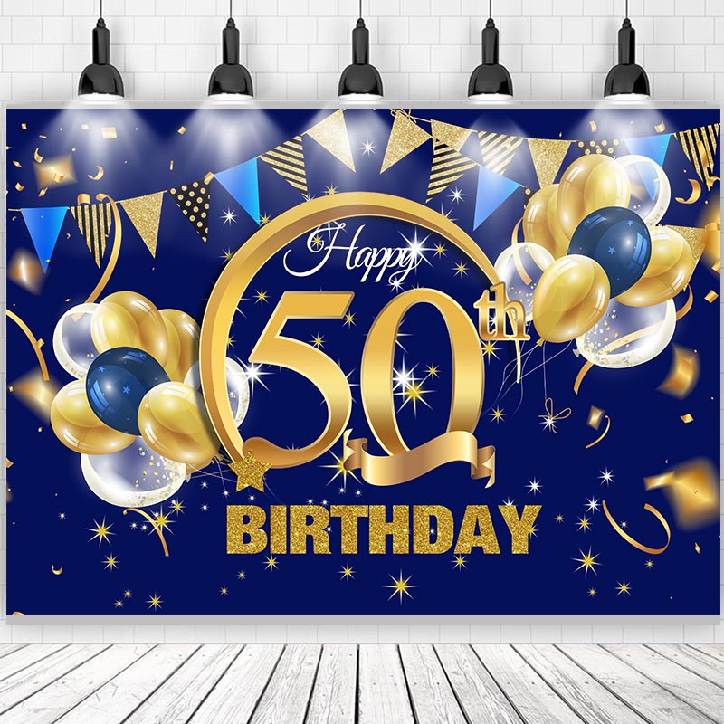 Happy 50th Birthday Backdrop For Photography Adult Dad Mom Blue Gold ...