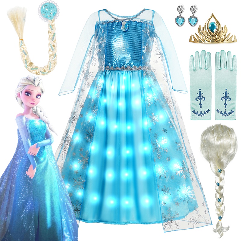 LED Light Frozen 2 Snow Queen Elsa Anna for Girls Kids Cosplay Costumes ...