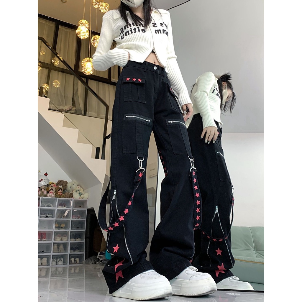 ZH【 Ready Stock】Women Black Gothic Baggy Cargo Jeans Harajuku Vintage Y2k Denim Trousers Cowboy ...