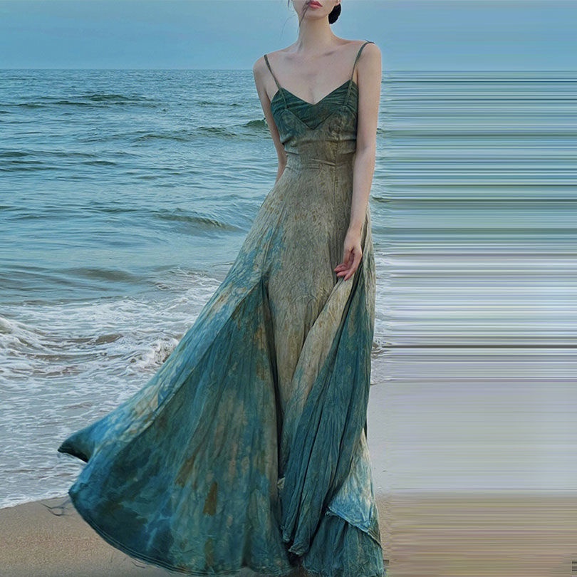 French Retro Tie-Dyed Strap Atmosphere Dress for Women Summer New Waist ...