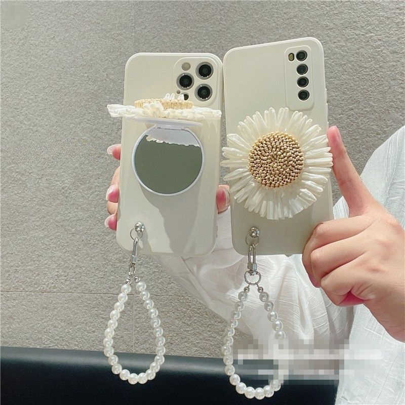 White with Make Up Mirror Pearl Bracelet Case for IPhone Case 14 11 13 ...