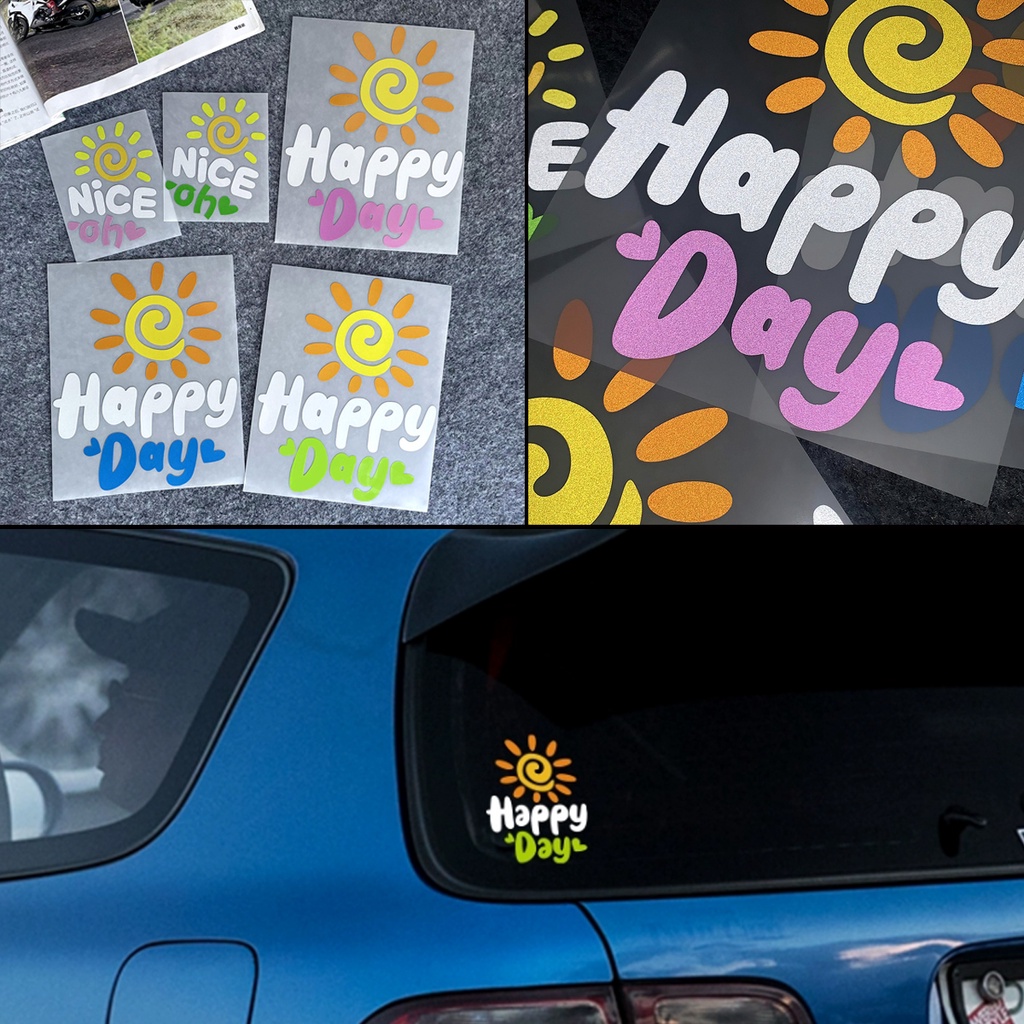 Happy Day Car Sticker Reflective Cute Sun Decals Car Window Body JDM ...