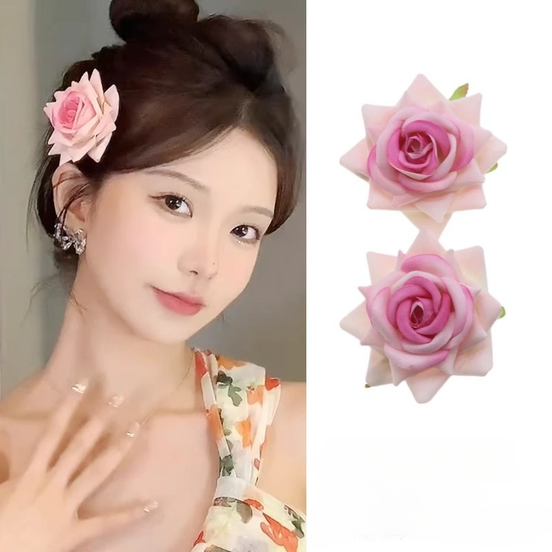 Sweet Girls Red Champagne Pink Rose Flower Bangs Clips Hair Clips ...