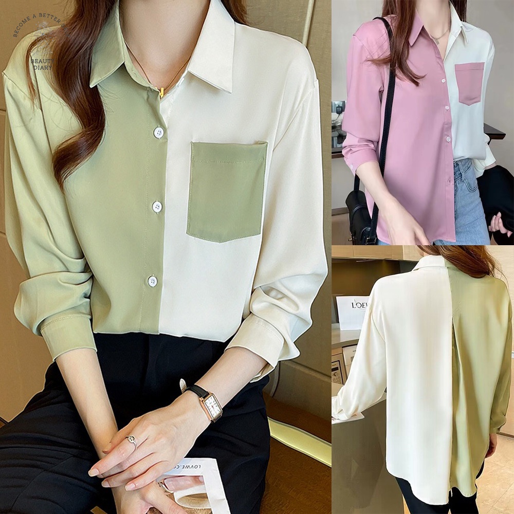 {Shipped From Manila+COD} Women Blouse Polo Neck Long Sleeve Button Up ...