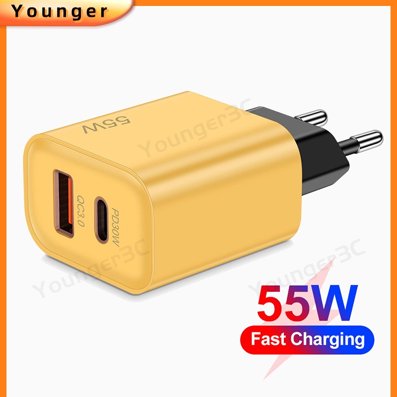 55W Super Fast Charger QC3.0+PD30W Flash Charging Travel Adoptor Dual ...
