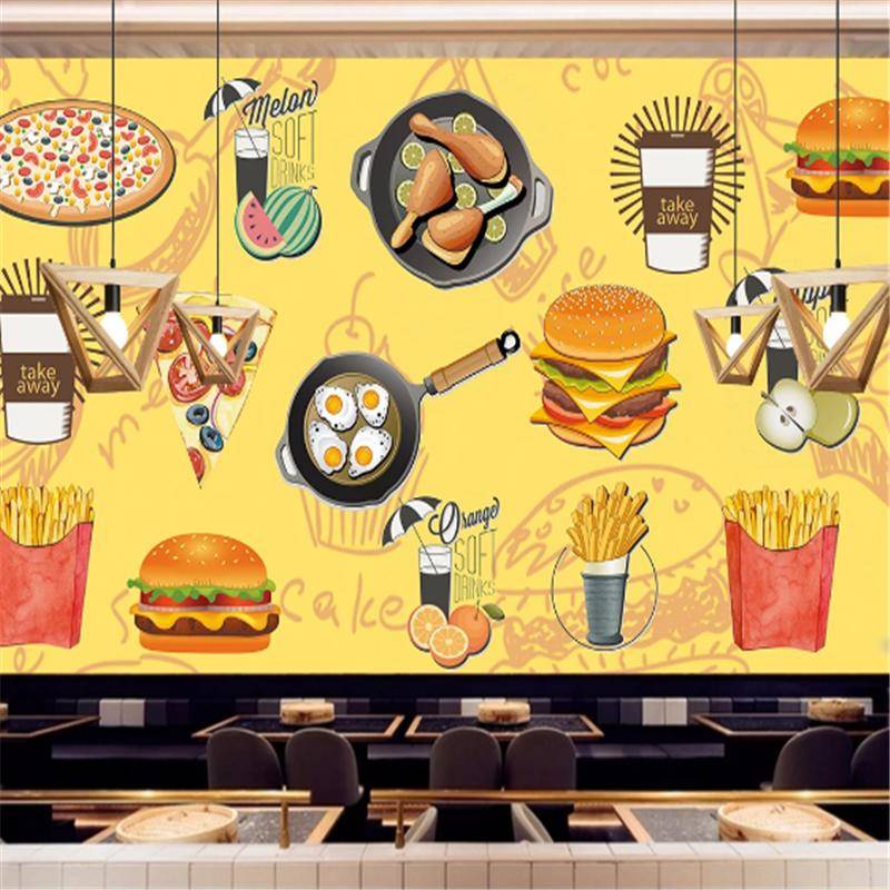 Custom French Fries Burgers Yellow Background Mural Wallpaper Western ...