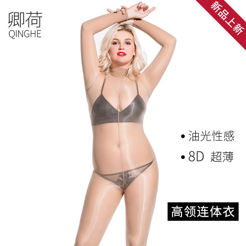 912 Needle Silky Tight-fitting Oily Ultra-Thin 8D High Neck JJ Set Open Crotch Sexy Horse Oil ...