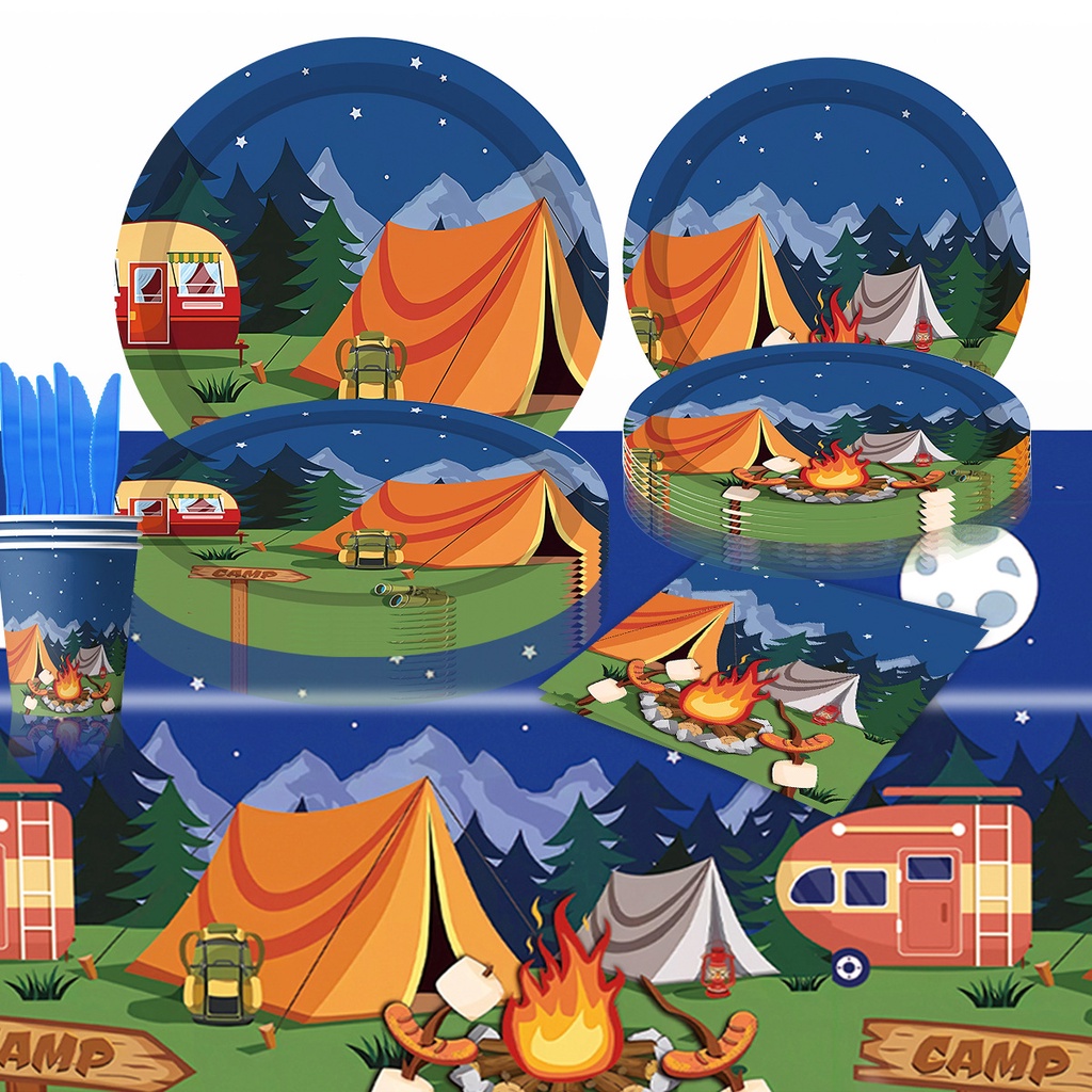 Picnic Camping Theme Birthday Party Decoration Green Tent Paper Plate ...