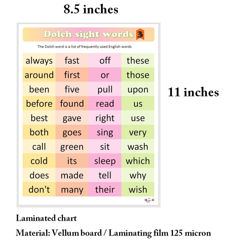 Laminated Chart Sight words - 3, Educational Chart for kids (size 8.5 x ...