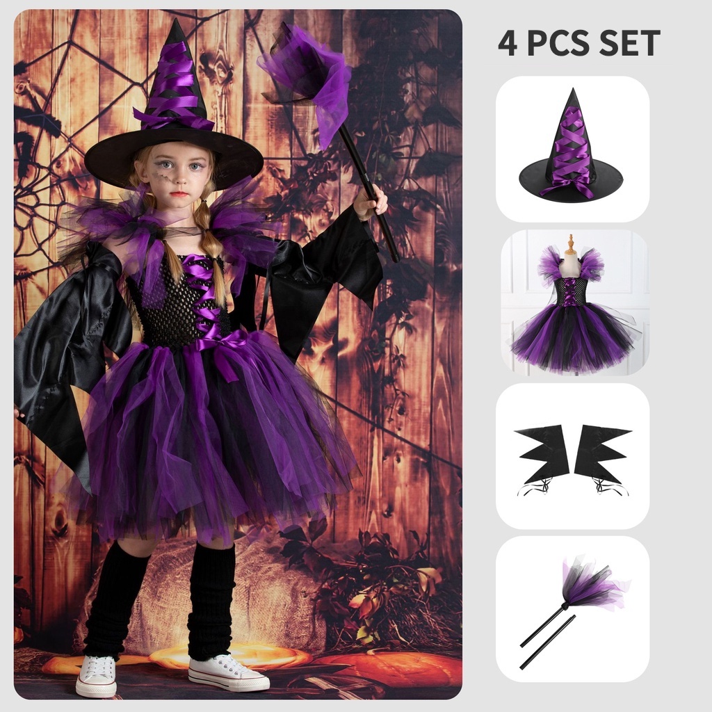 Halloween Witch Costumes Dress Set for Kids Girl Cosplay Performance ...