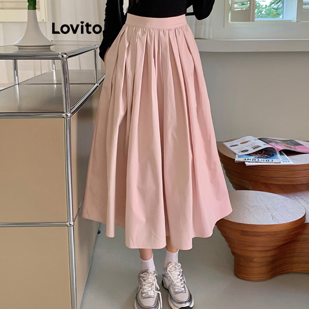 Lovito Women Plus Size Curve Casual Plain Pleated Skirts LNE30090 ...