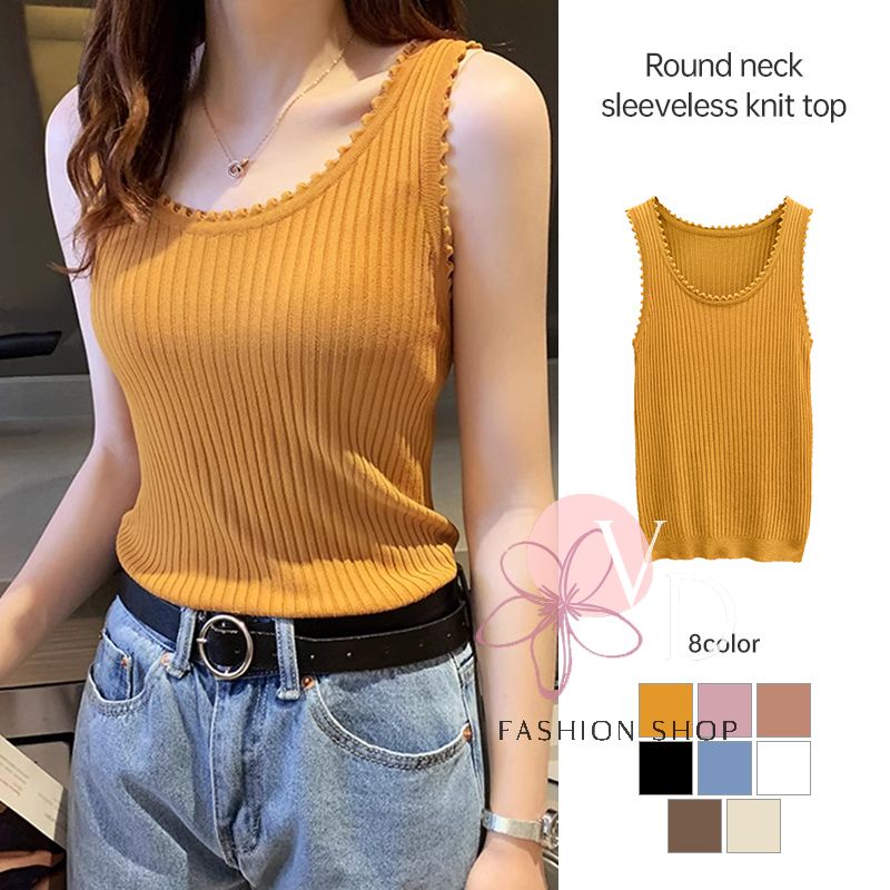 Summer Korean Version Camisole Solid Color Round Neck Slim Fitting Top ...