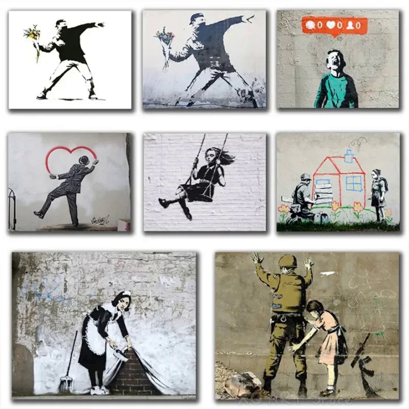 Banksy Classic Graffiti Art Canvas Figure Painting Black and White ...