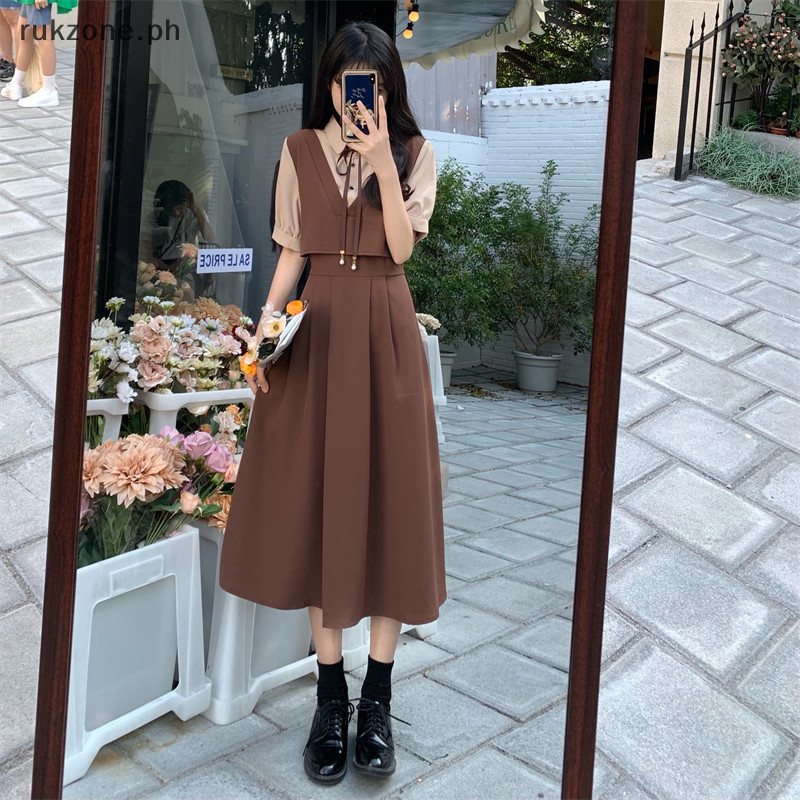 UKE A-line Simple Fake Two Pieces Dress Korean Fashion Preppy Style ...