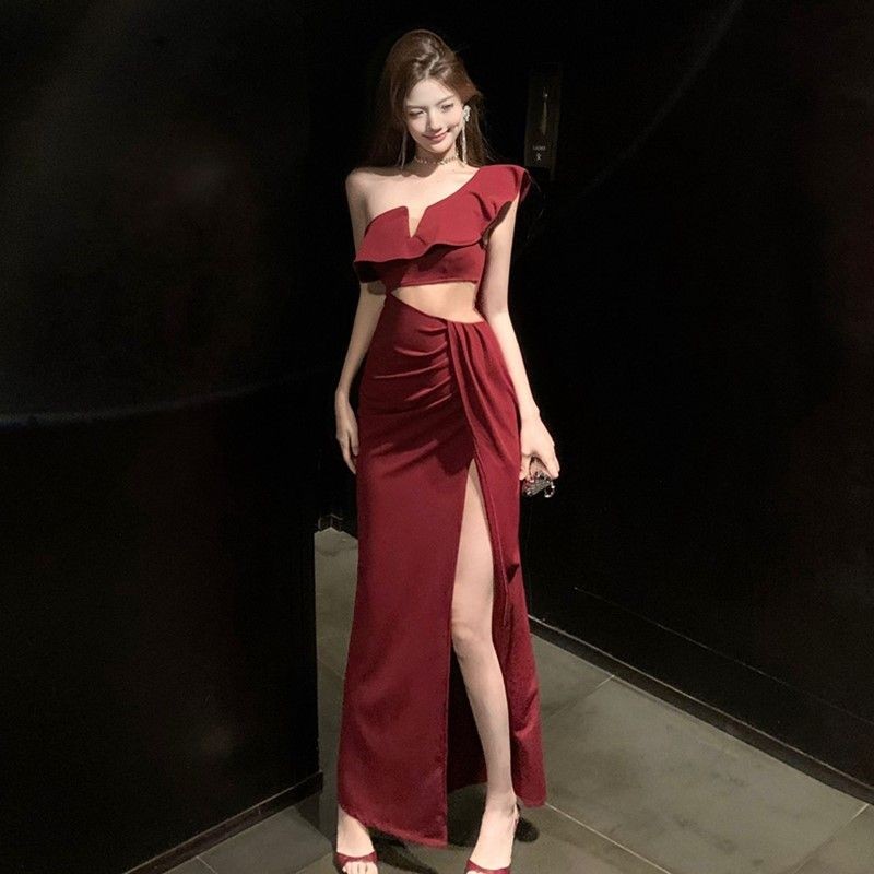 Korean Red Black Mesh Evening Cocktail Elegant Split Dress Gown 078 ...