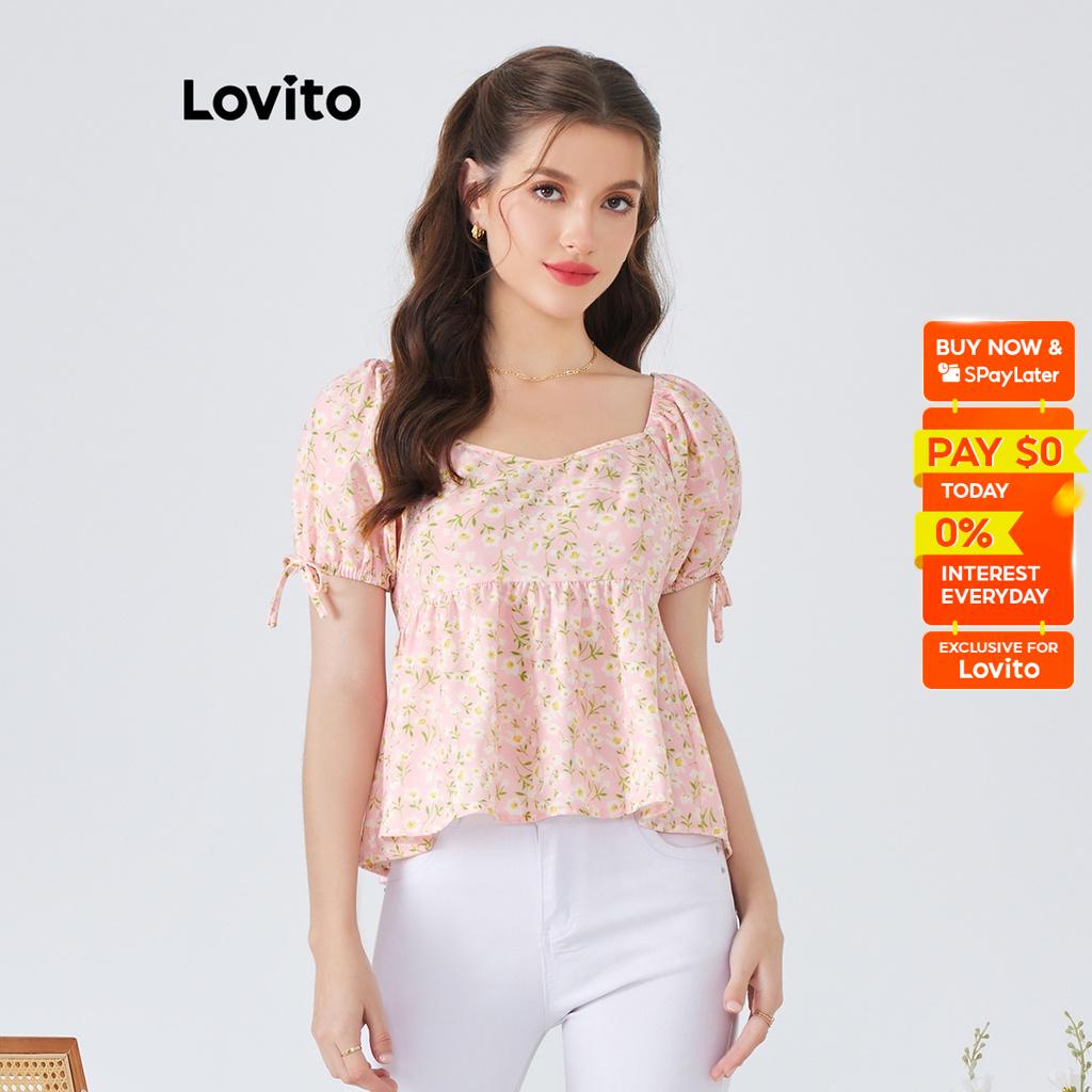Lovito Floral Bow Back Drawstring Puff Sleeve Blouse L54ED020 | Shopee Philippines
