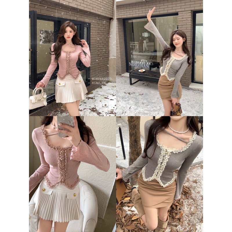 Fashion Lace Patchwork Knitted Sweater Women Slim Long Sleeve Bottoming Cropped Top | Shopee ...