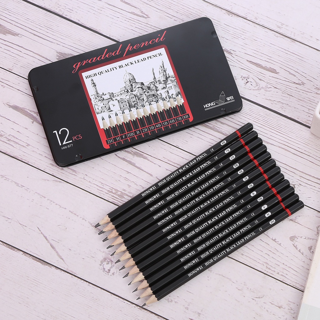2h-8b Sketch Pencil Set 12 Iron Box Painting 2B Pencils | Shopee ...
