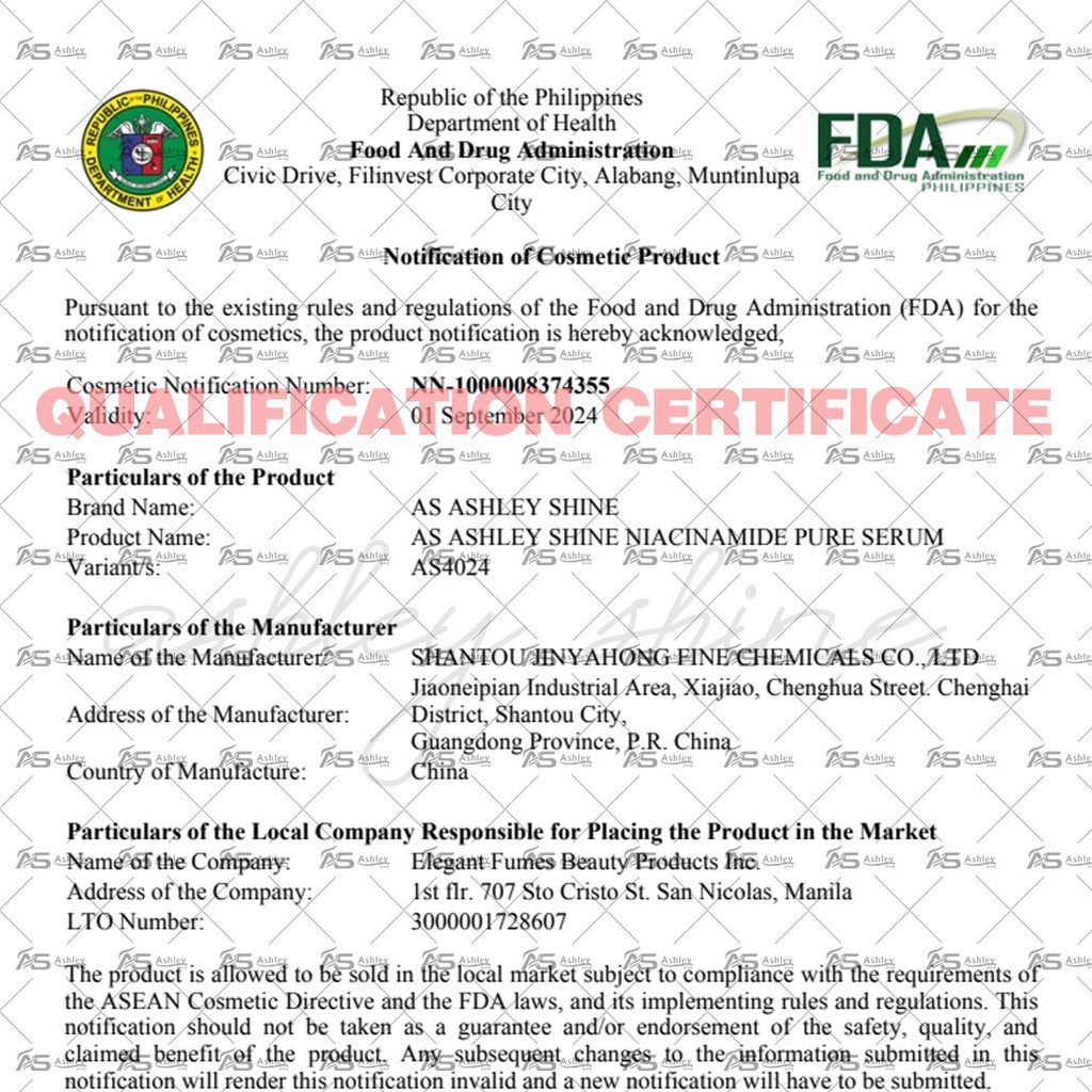 Ashley Shine NIACINAMIDE Pure Serum Face and Body Moisturizes Whitening ...