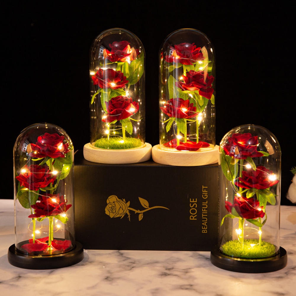 1PC Light up Rose in Glass Dome LED Galaxy 3Rose Artificial Flowers ...