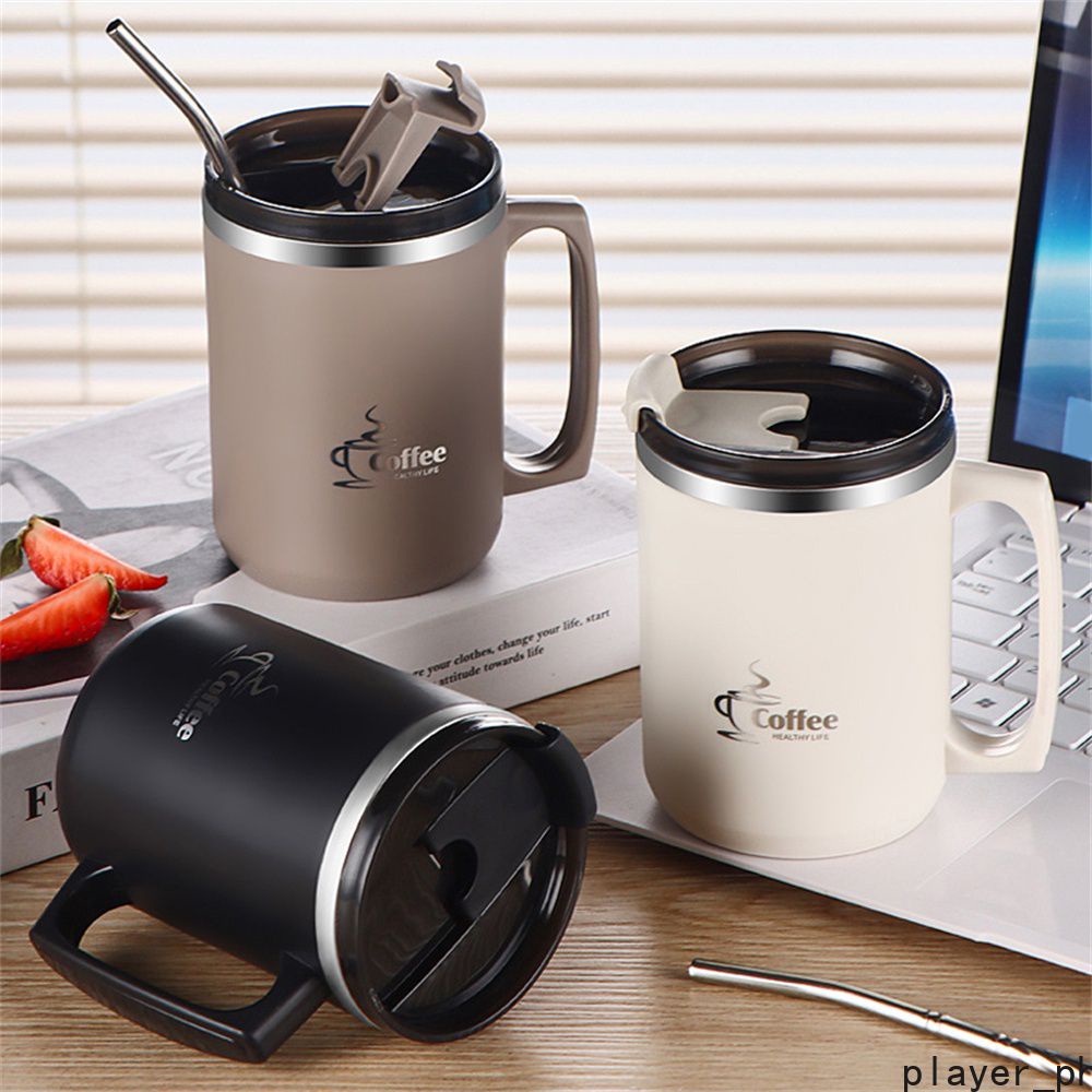 480ml Coffee Mug Double-layer Straw Cup With Lid 304 Stainless Steel ...