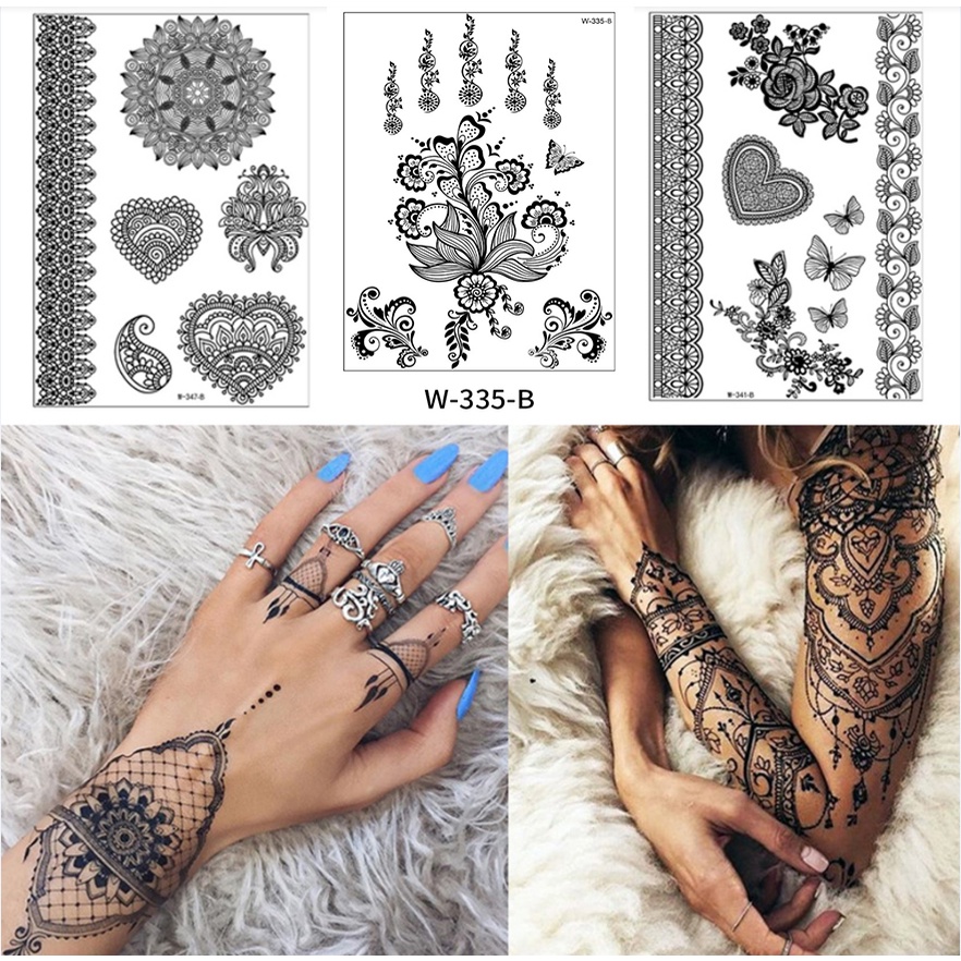 Waterproof Black Henna Temporary Tattoos for Women Lace Flower Tattoo ...