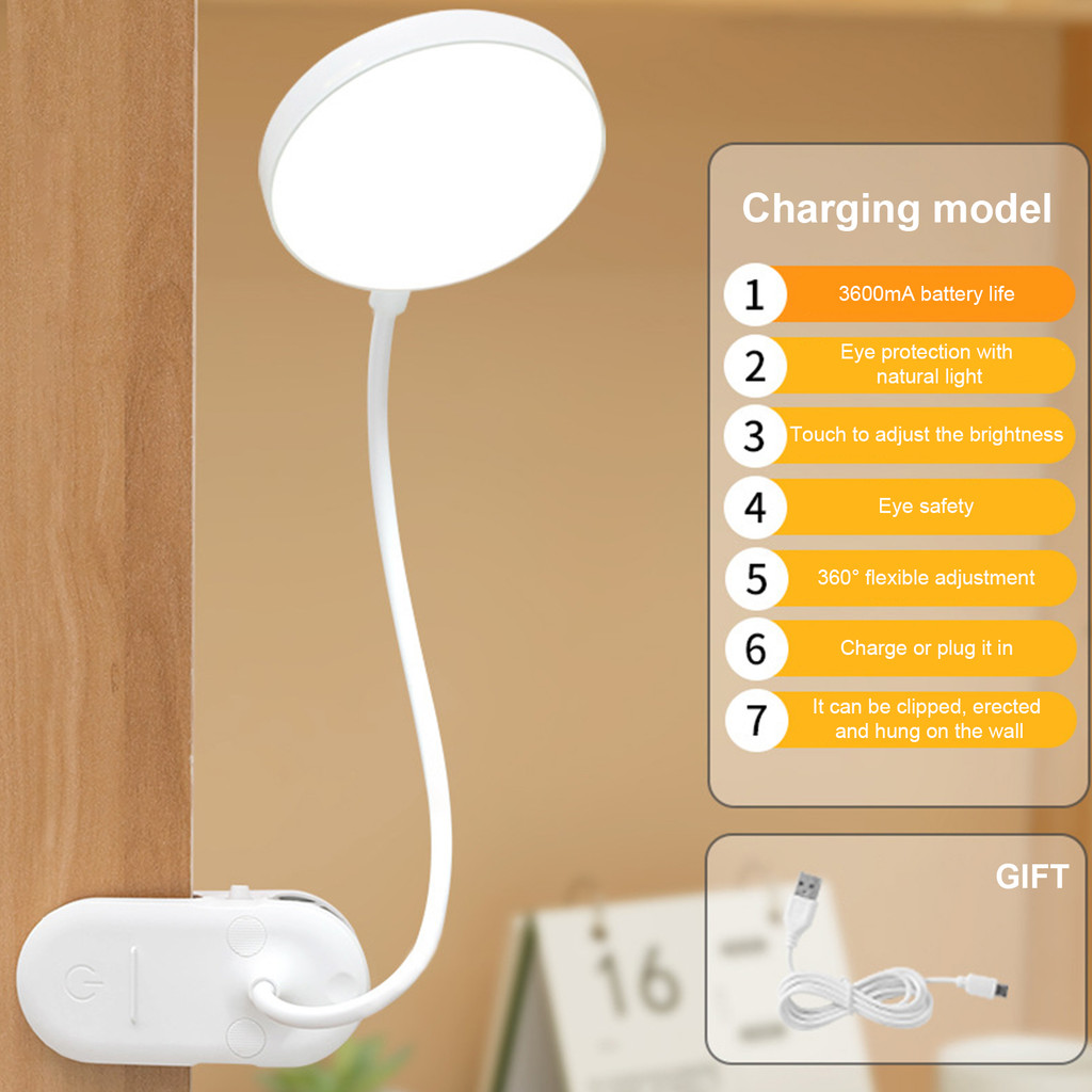 LED Desk Lamp Clip USB Port 3 Levels Rechargeable Clamp Lamp Touch ...