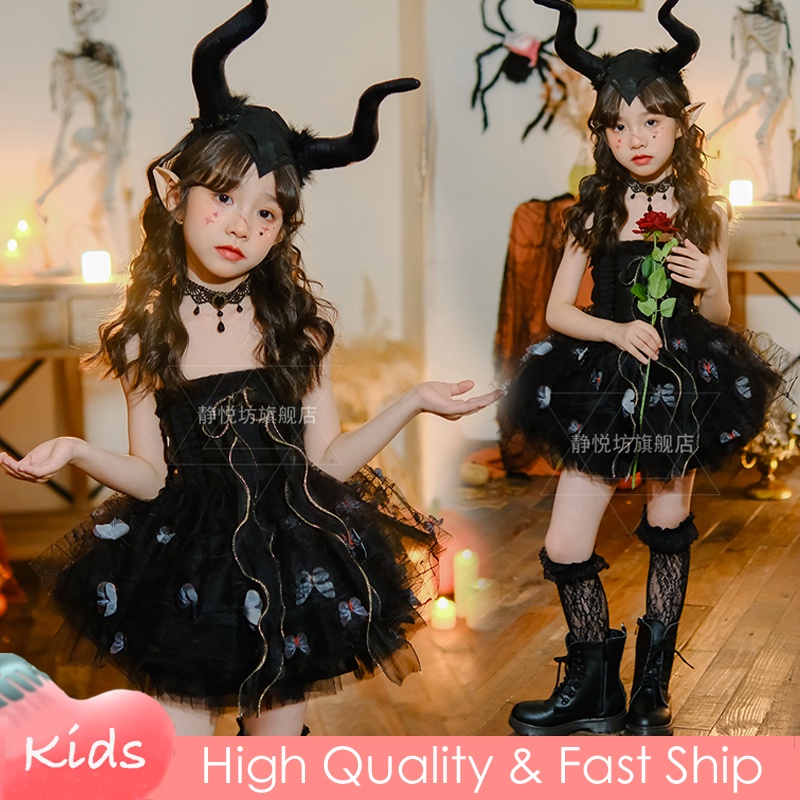 Ghost Bride Lace Black Dress For Kids Girl Halloween Dark Vampire ...