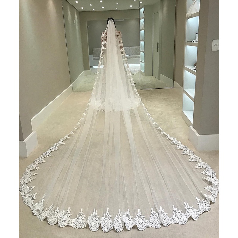 5 Meters Cathedral Wedding Veil Long Edge Lace One Layer Tulle Bridal ...