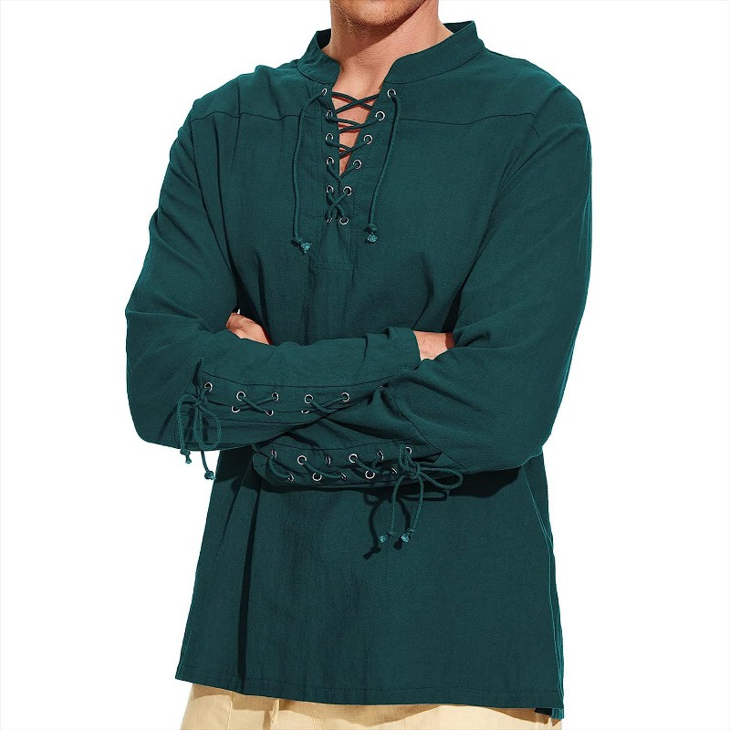 Men's Linen Long Sleeve Shirt Lace up V-Neck Viking Medieval Pirate Top Renaissance Pirate Shirt ...