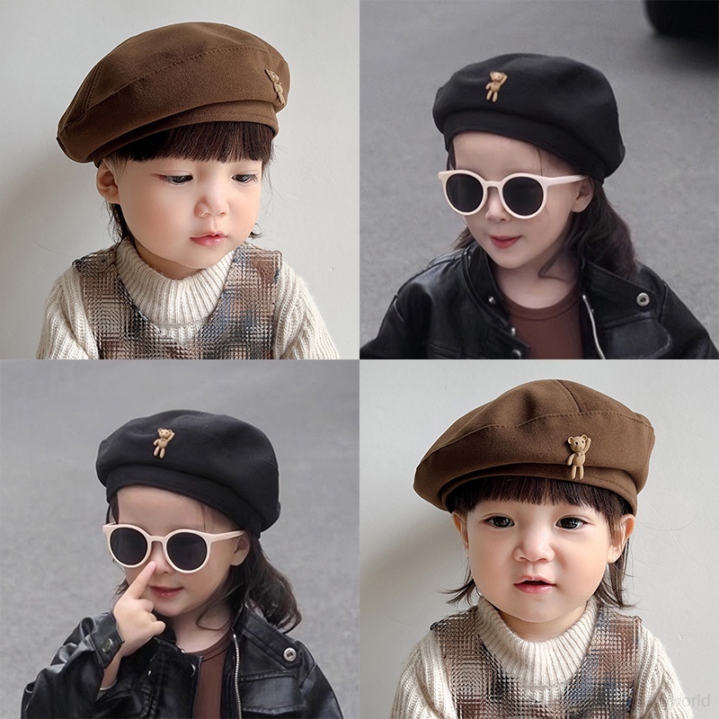 Woolen Baby Girl Beret Hat Autumn Winter Cartoon Bear Korean Children ...