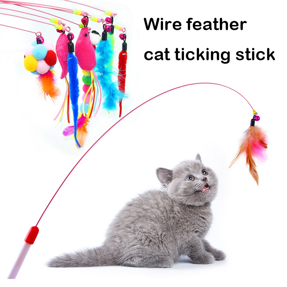 Cat Teasing Stick Replacement Feather Pet Teaser Bell Interactive Toy ...