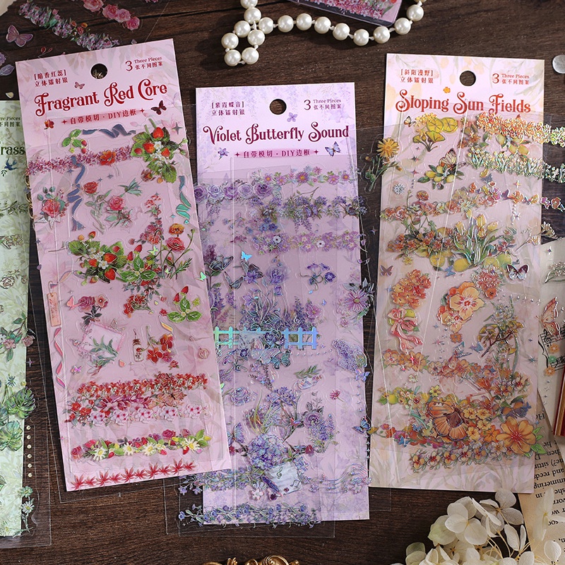 ENWEI 3 Pcs [Sparkling Floral Collection] Lovely Journal Stickers PET ...