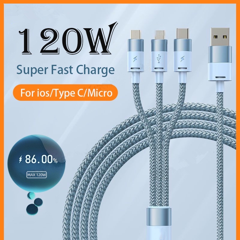 3 in 1 120W 6A Type C Super Fast Charging Cable For Micro USB Type C ...