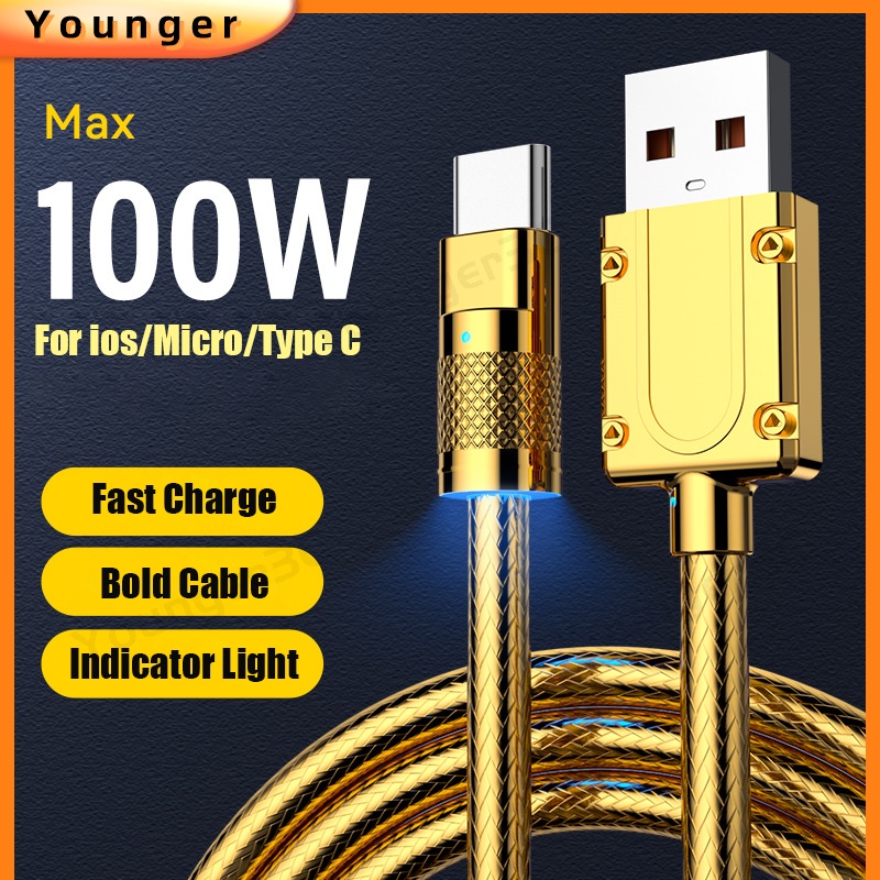 100W Zinc Alloy Super Fast Charge Cable With Indicator Light USB A Fast ...